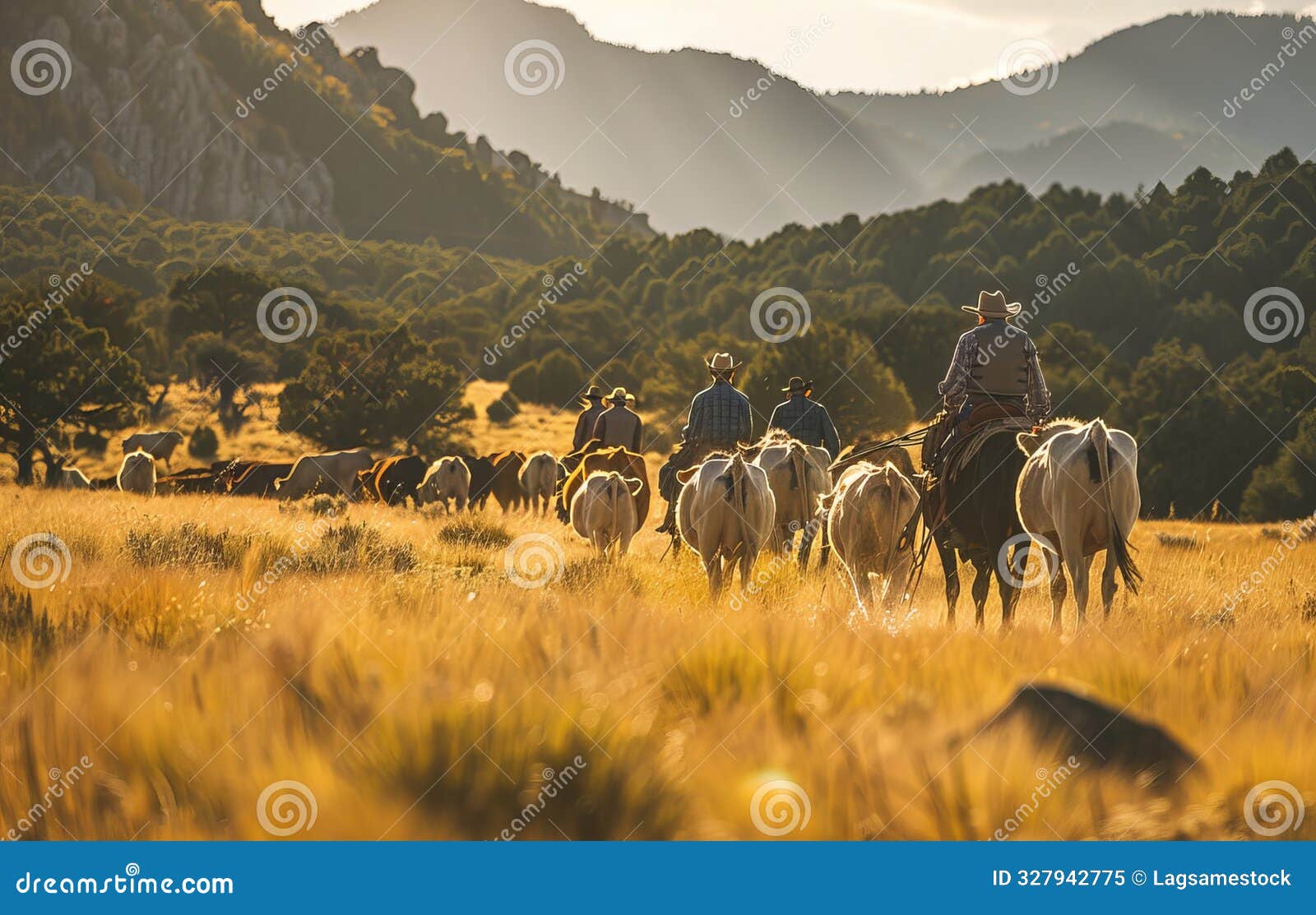 A Group of Gentle Cowboys Herding Cattle Across Sprawling Grasslands ...
