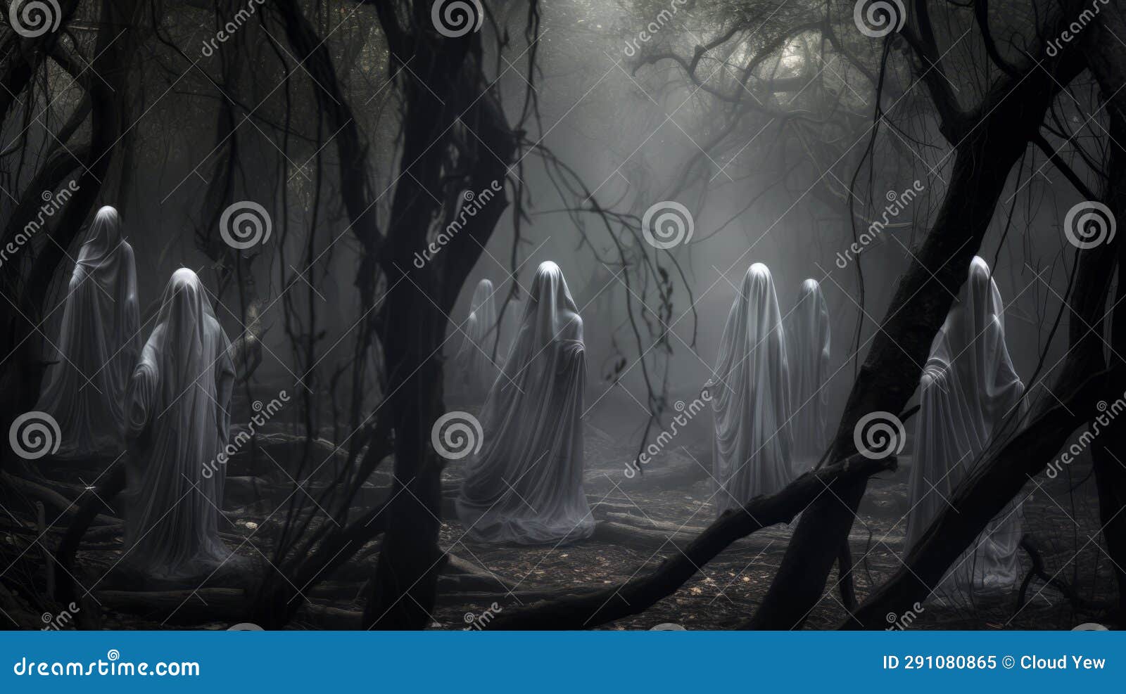 Group of Ghostly People Walking through a Forest Stock Illustration ...
