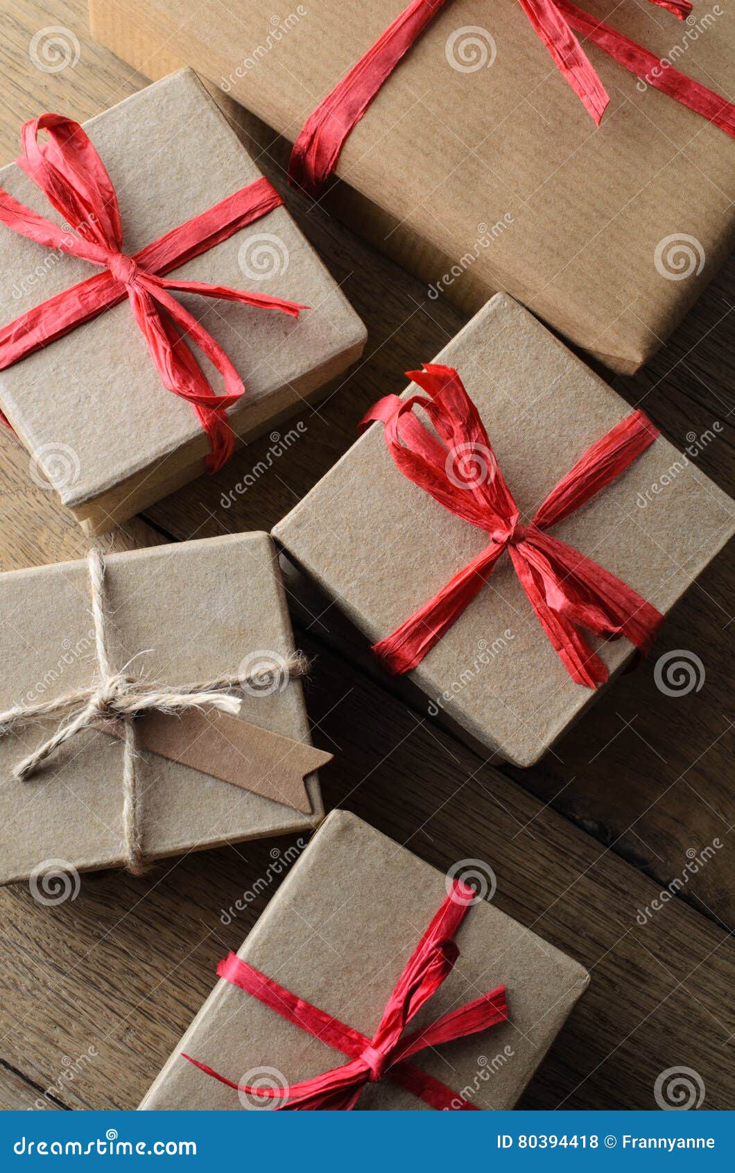 Group of Gift Boxes Tied with String and Ribbon from Above Stock Photo ...