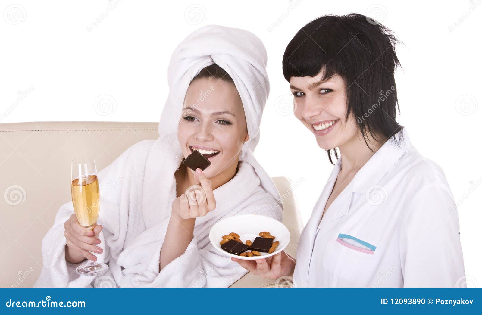 Group Girl in Spa Eat Chocolate and Drink Wine. Stock Photo - Image of ...