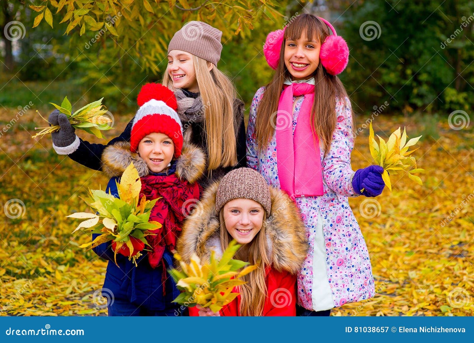 Group of Girls in Autumn Park with Leafs Stock Image - Image of happy ...