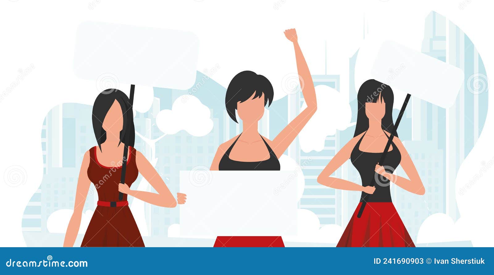 A Group of Girls are Protesting. Banner in Blue Tones. Vector ...