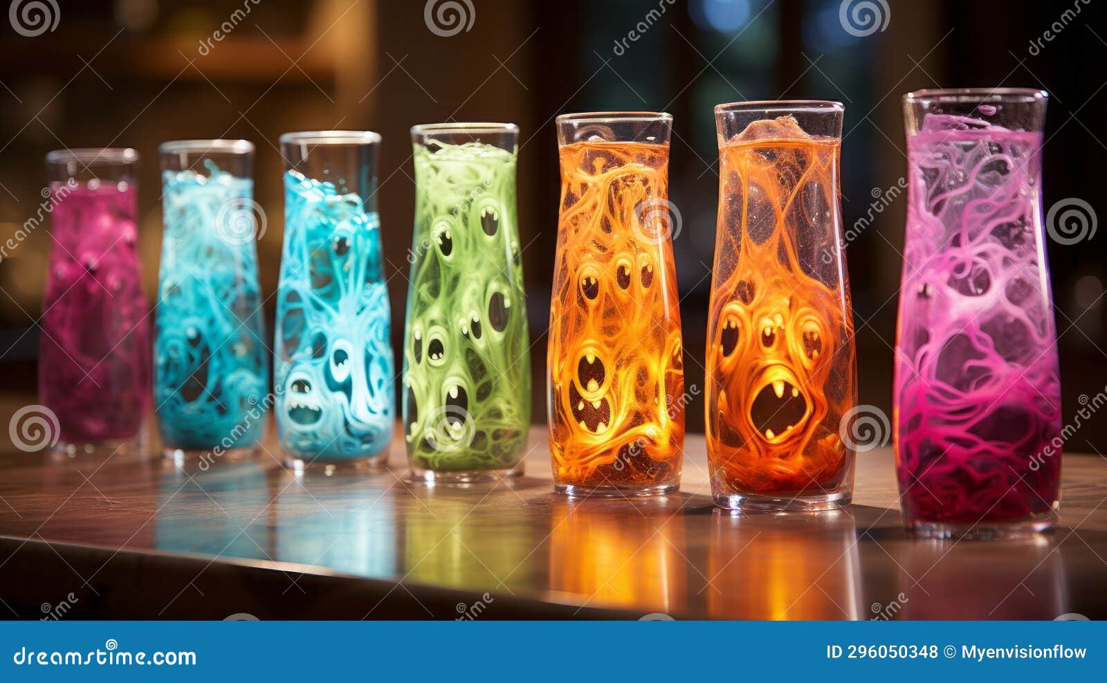 A Group of Glasses with Different Colored Liquid Stock Illustration ...