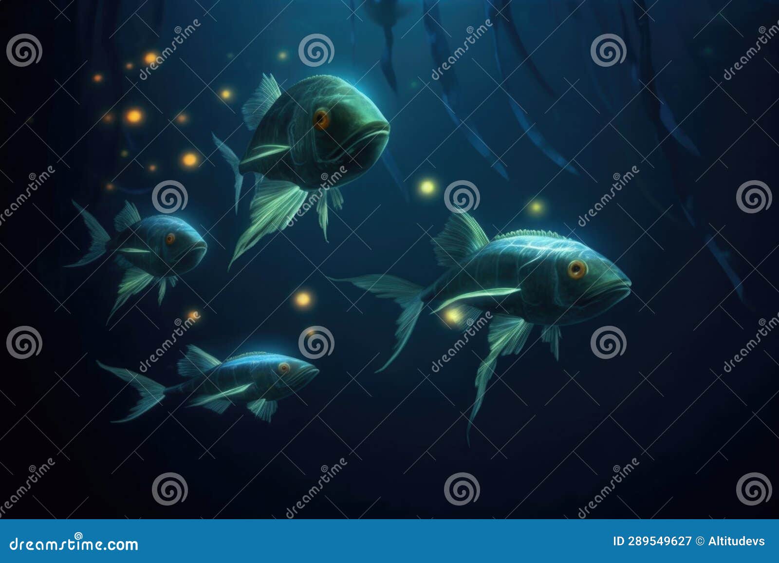 A Group of Glowing Lanternfish Swimming in Unison Stock Illustration ...