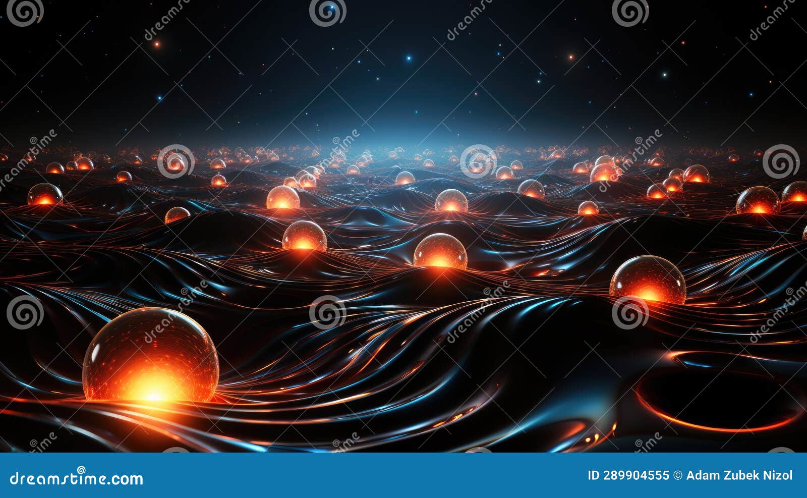 A Group of Glowing Spheres on a Black Surface Stock Illustration ...