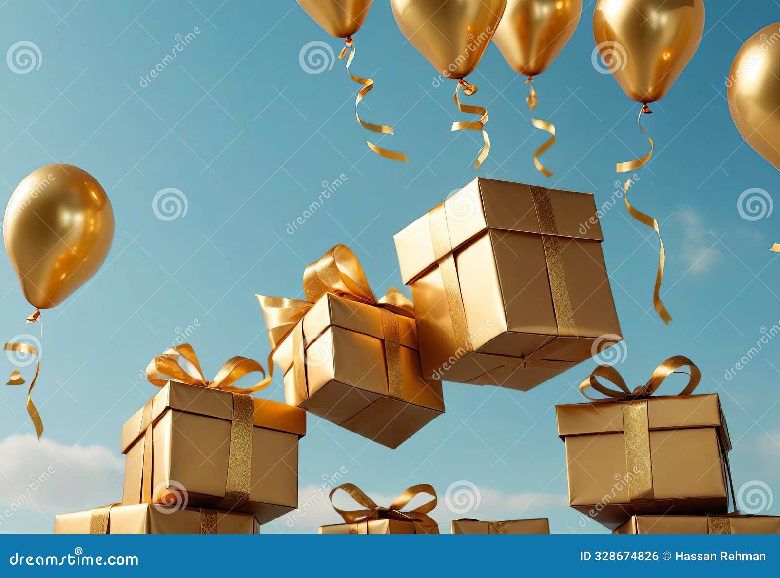 A Group of Gold Gift Boxes with Gold Balloons Floating Stock ...