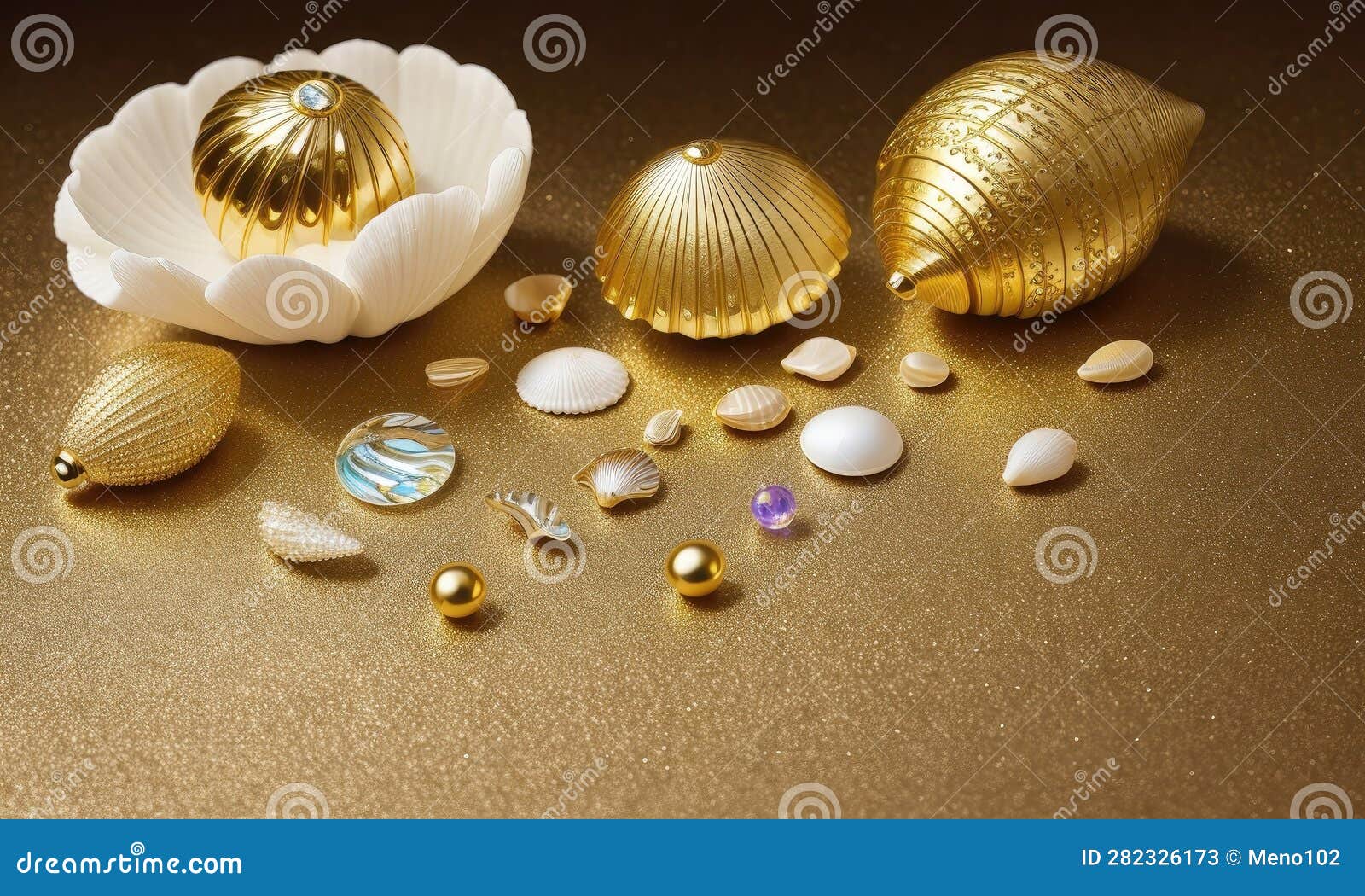 A Group of Gold and White Seashell Sitting on a Table Stock ...