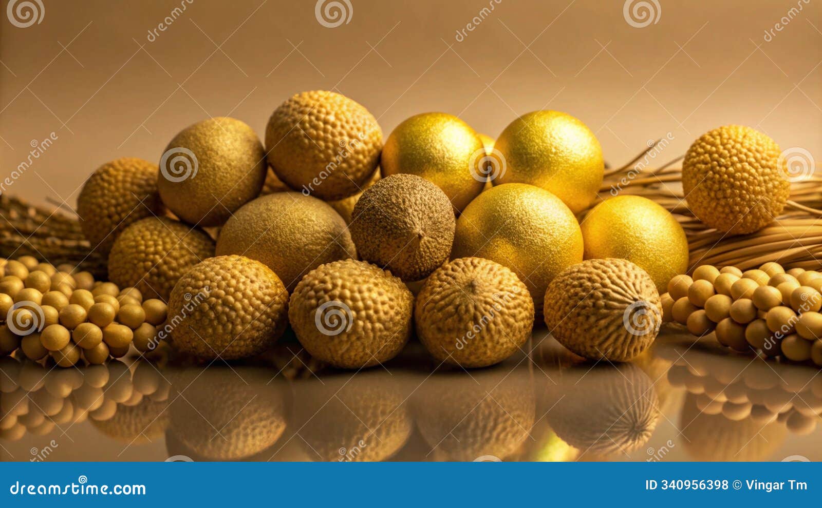 A Group of Golden Fruits and Nuts with a Reflective Surface Stock ...