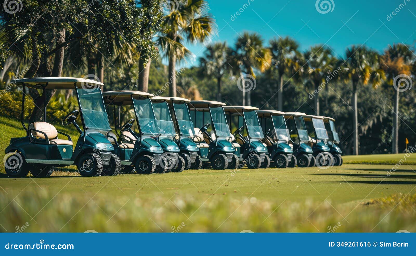 Group of Golf Carts Lined Up and Ready for Stock Illustration ...