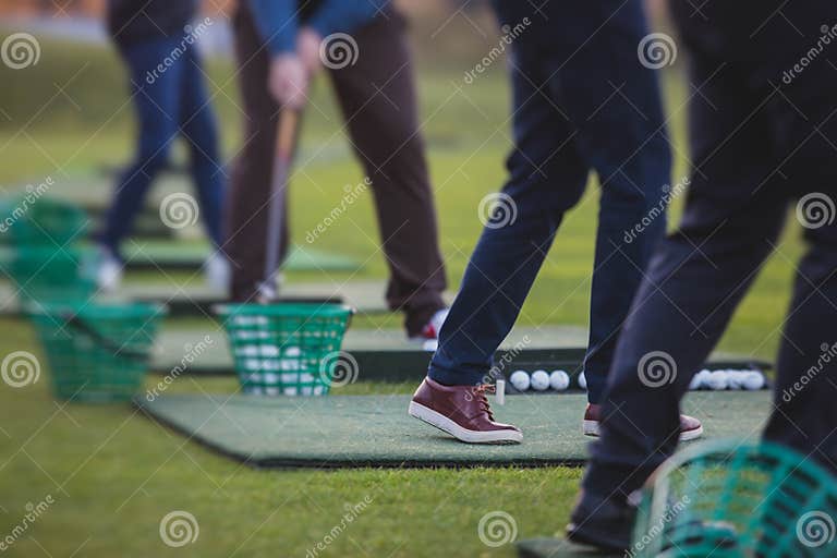 Group of Golfers Practicing and Training Golf Swing on Driving Range ...