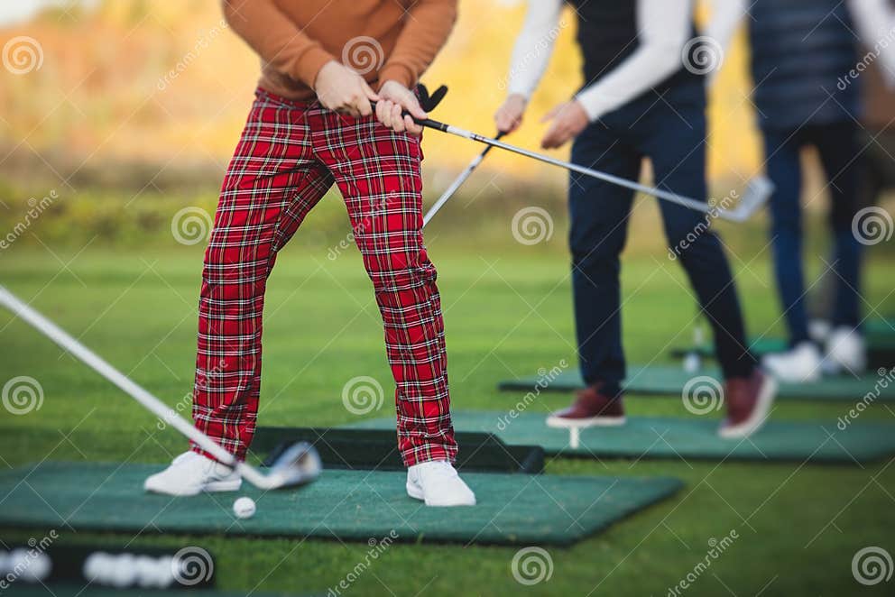 Group of Golfers Practicing and Training Golf Swing on Driving Range ...
