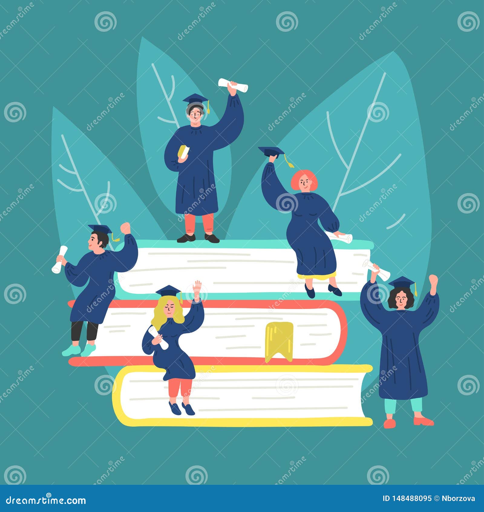 Group of Graduated Students on Stack of Giant Books. Stock Vector ...