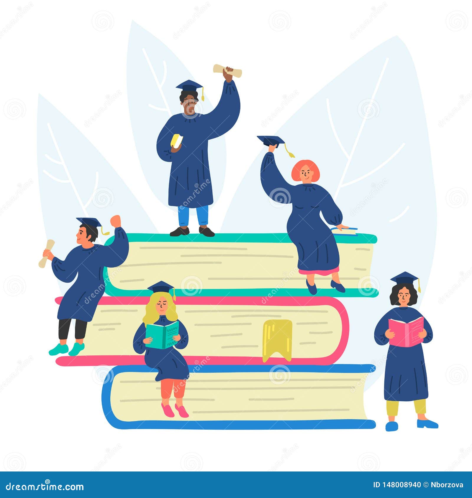 Group of Graduated Students on Stack of Giant Books. Stock Vector ...