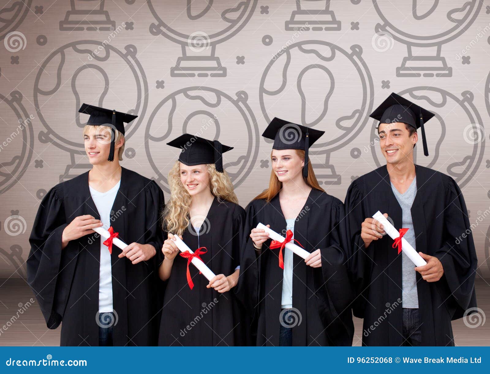 Group of Graduates Standing in Front of World Globe Graphics Stock ...