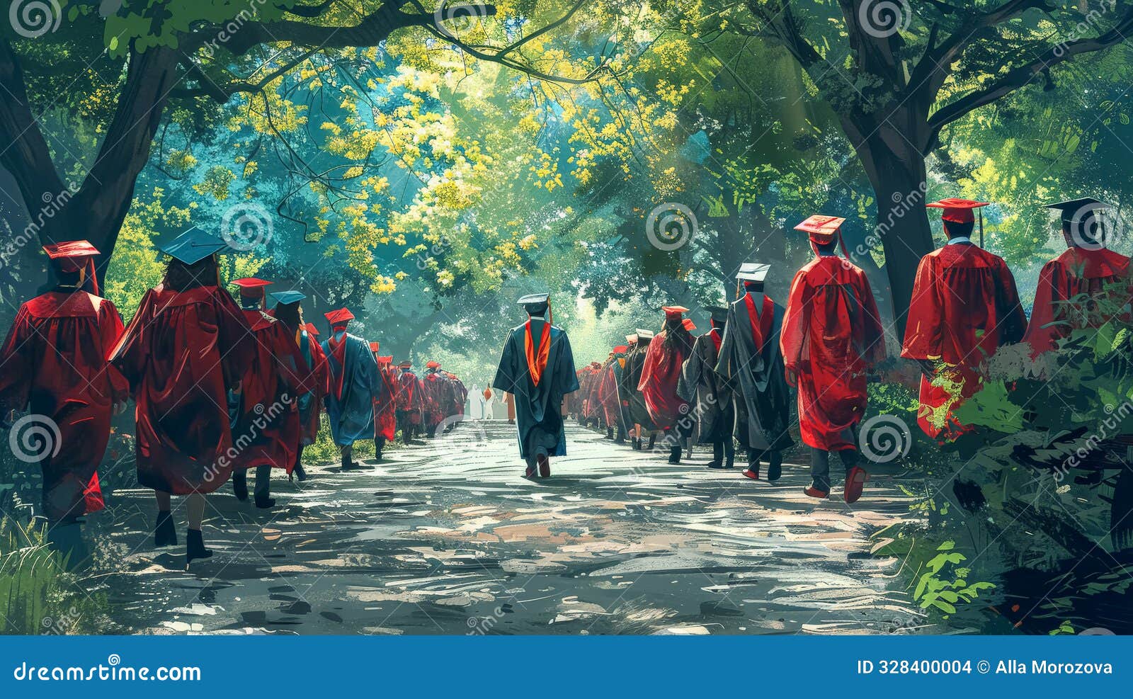 A Group of Graduates Walk Down a Path in the Woods Stock Photo - Image ...