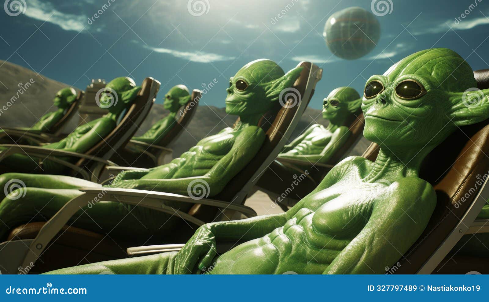 Group of Green Aliens Relaxing in Lawn Chairs Stock Image - Image of ...