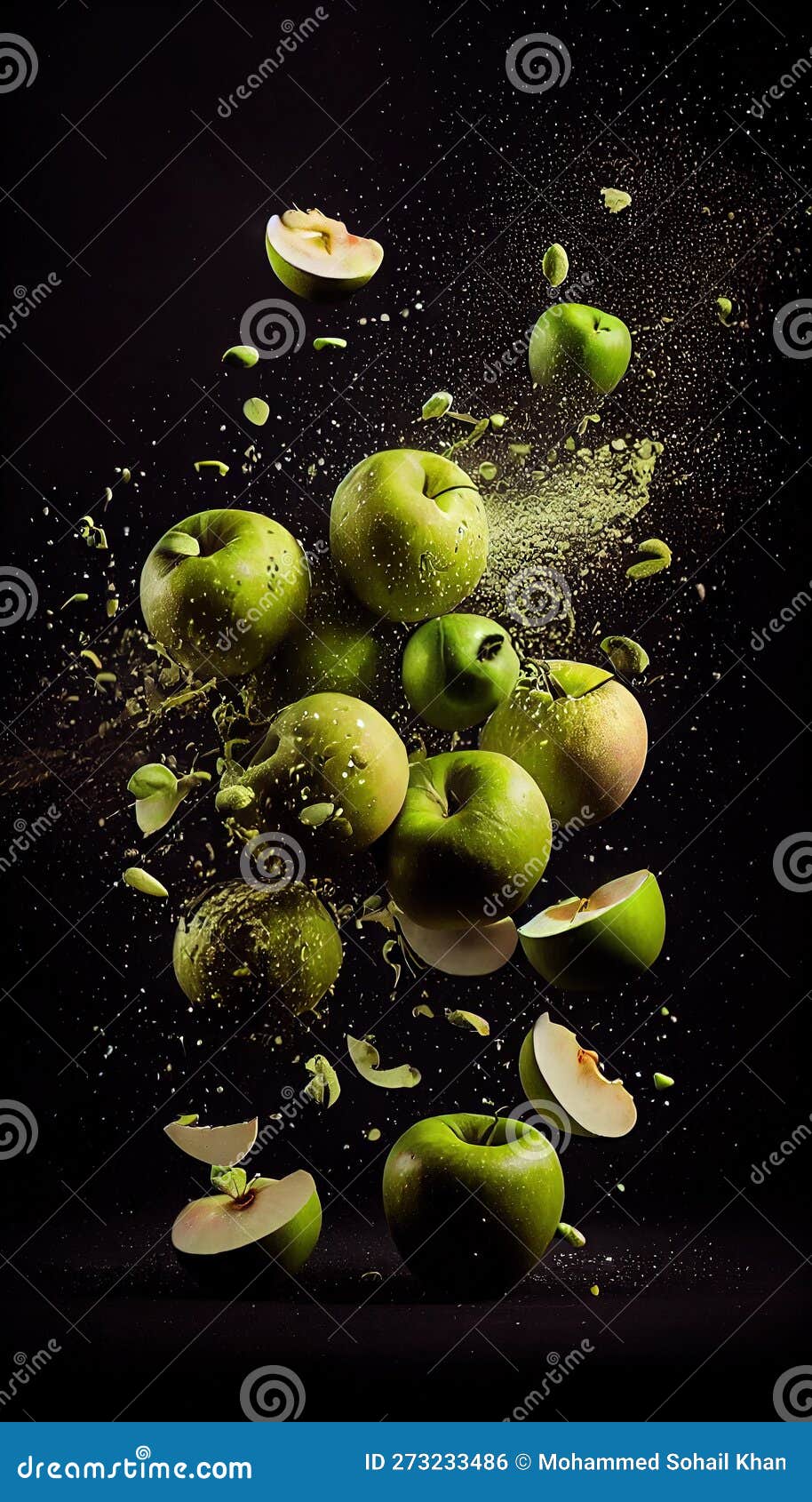 Group of Green Apples Fruit Creatively Falling-Dripping Flying or ...