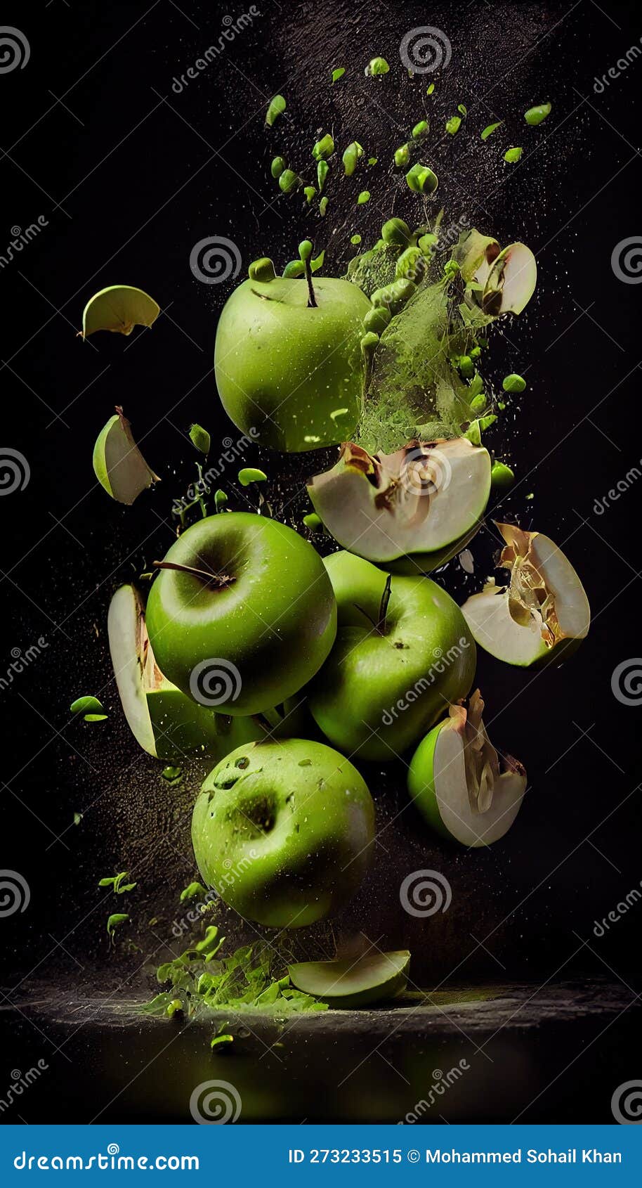 Group of Green Apples Fruit Creatively Falling-Dripping Flying or ...