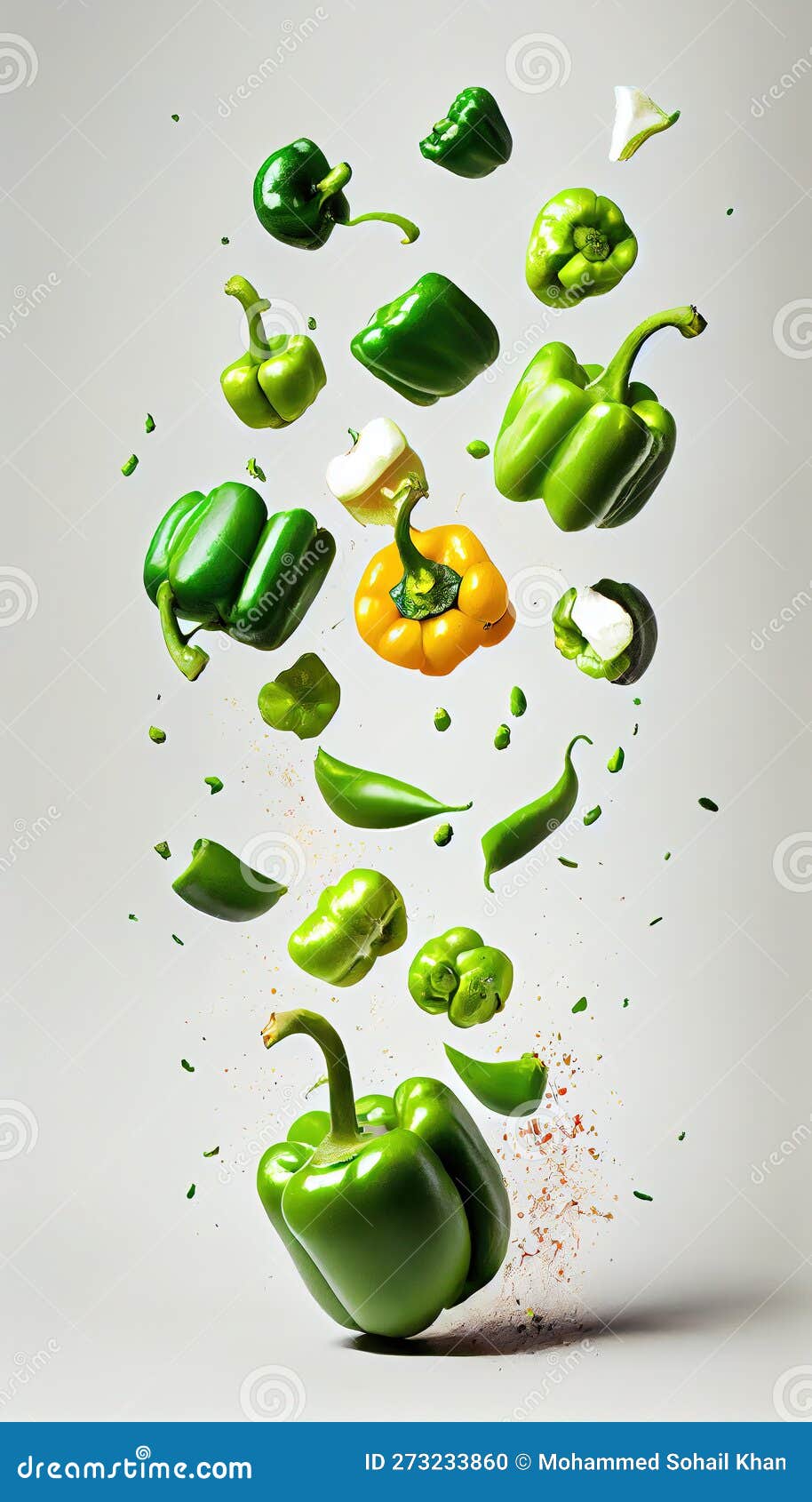Group of Green Bell Peppers Vegetable Creatively Falling-Dripping ...