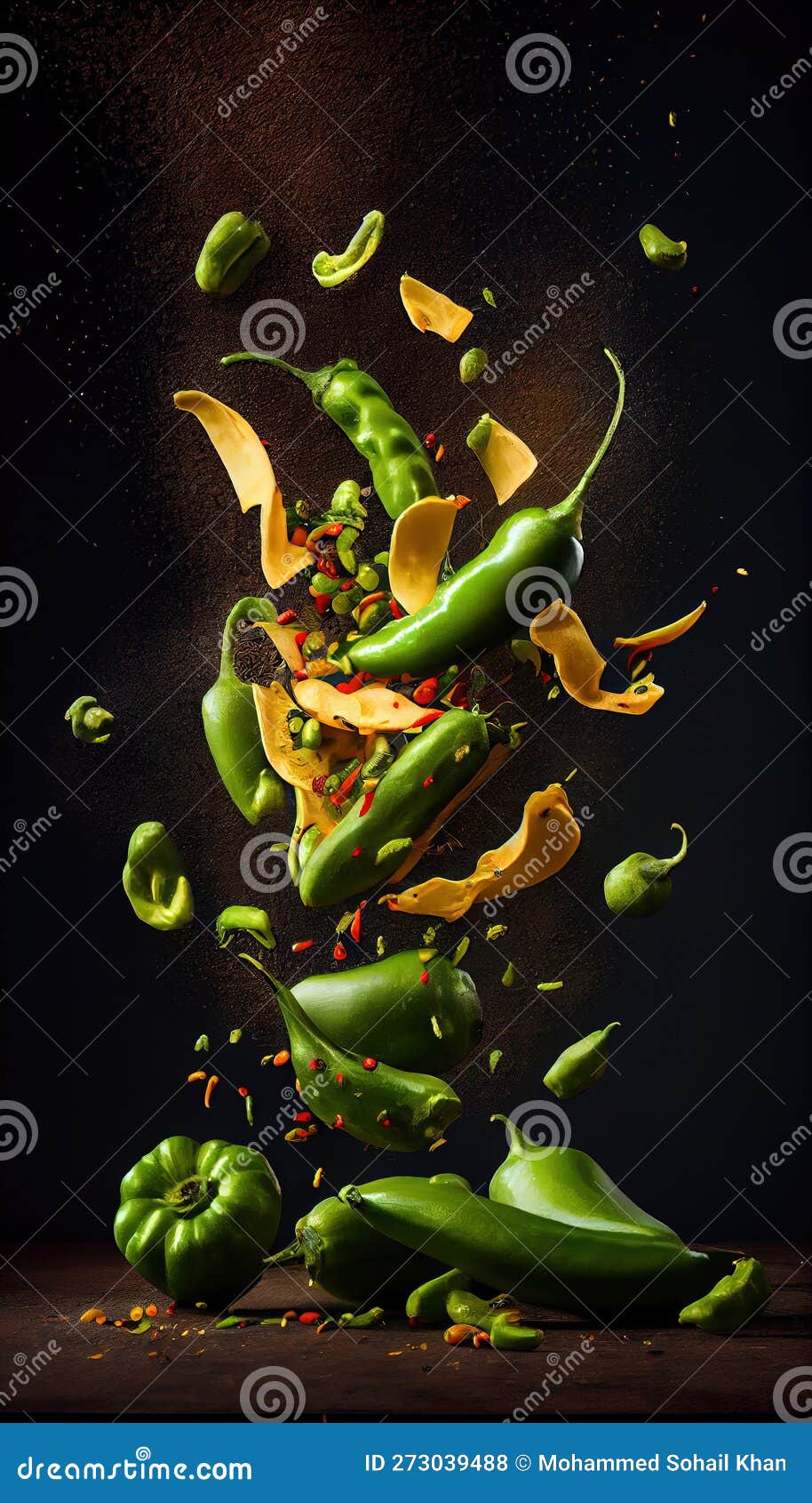 Group of Green Chilli Peppers Vegetable Creatively Falling-Dripping ...