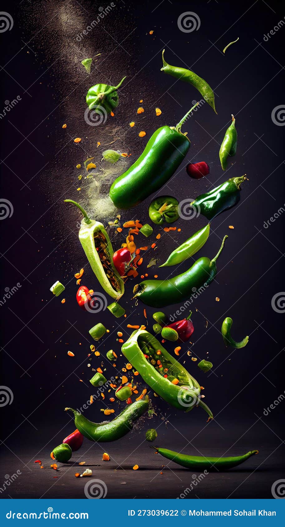 Group of Green Chilli Peppers Vegetable Creatively Falling-Dripping ...