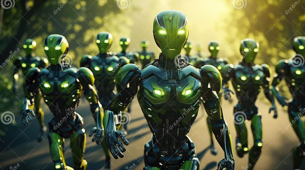 A Group of Green Robots. Ecology Stock Illustration - Illustration of ...