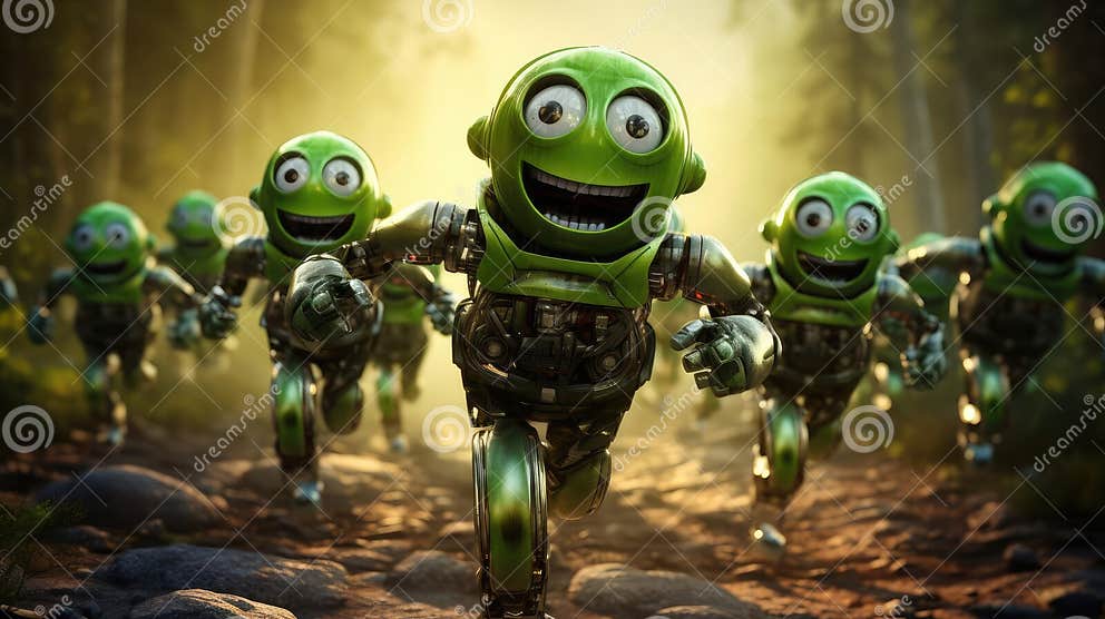 A Group of Green Robots. Ecology Stock Illustration - Illustration of ...