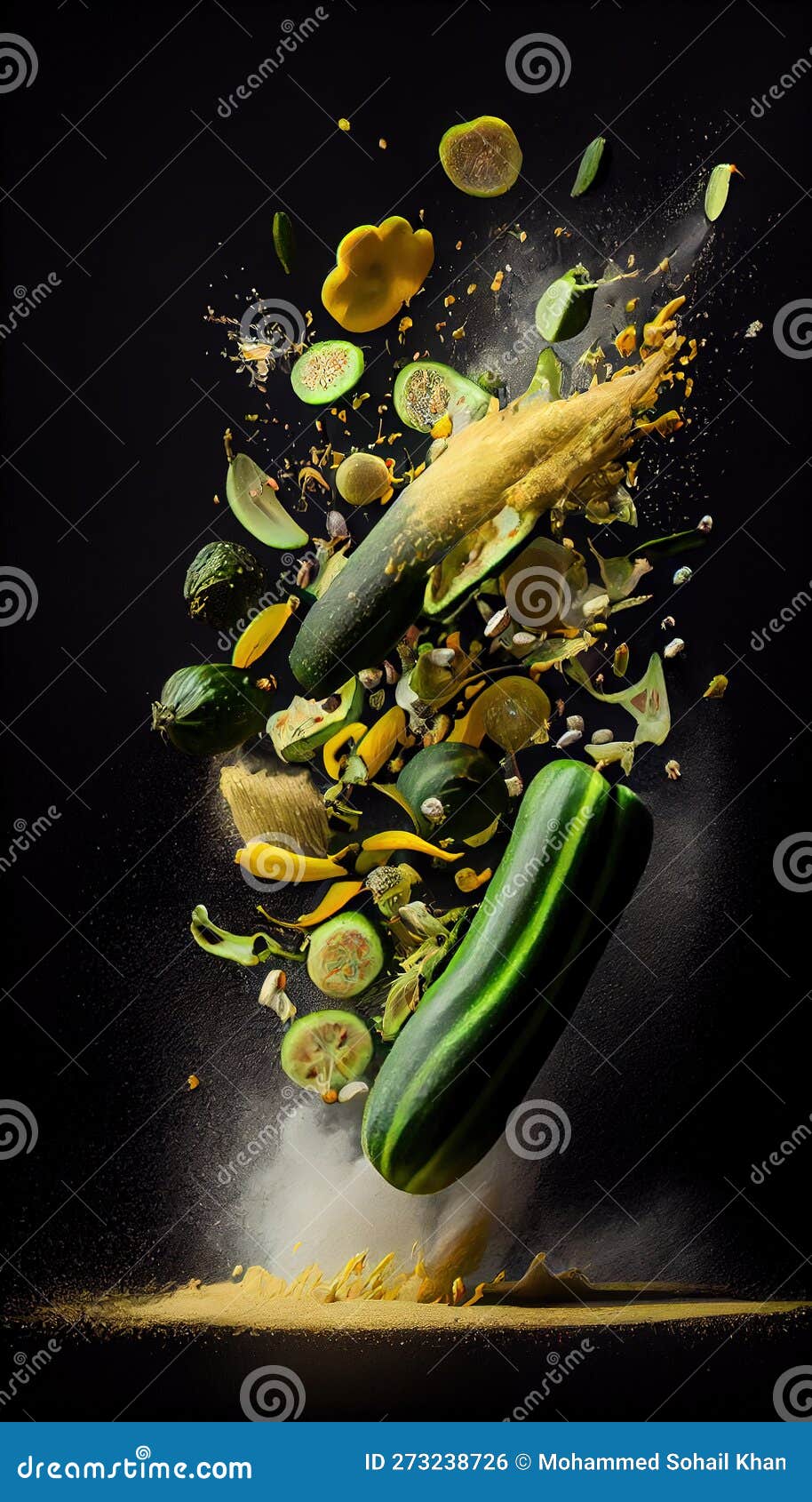 Group of Green Zucchini Vegetable Creatively Falling-Dripping Flying or ...