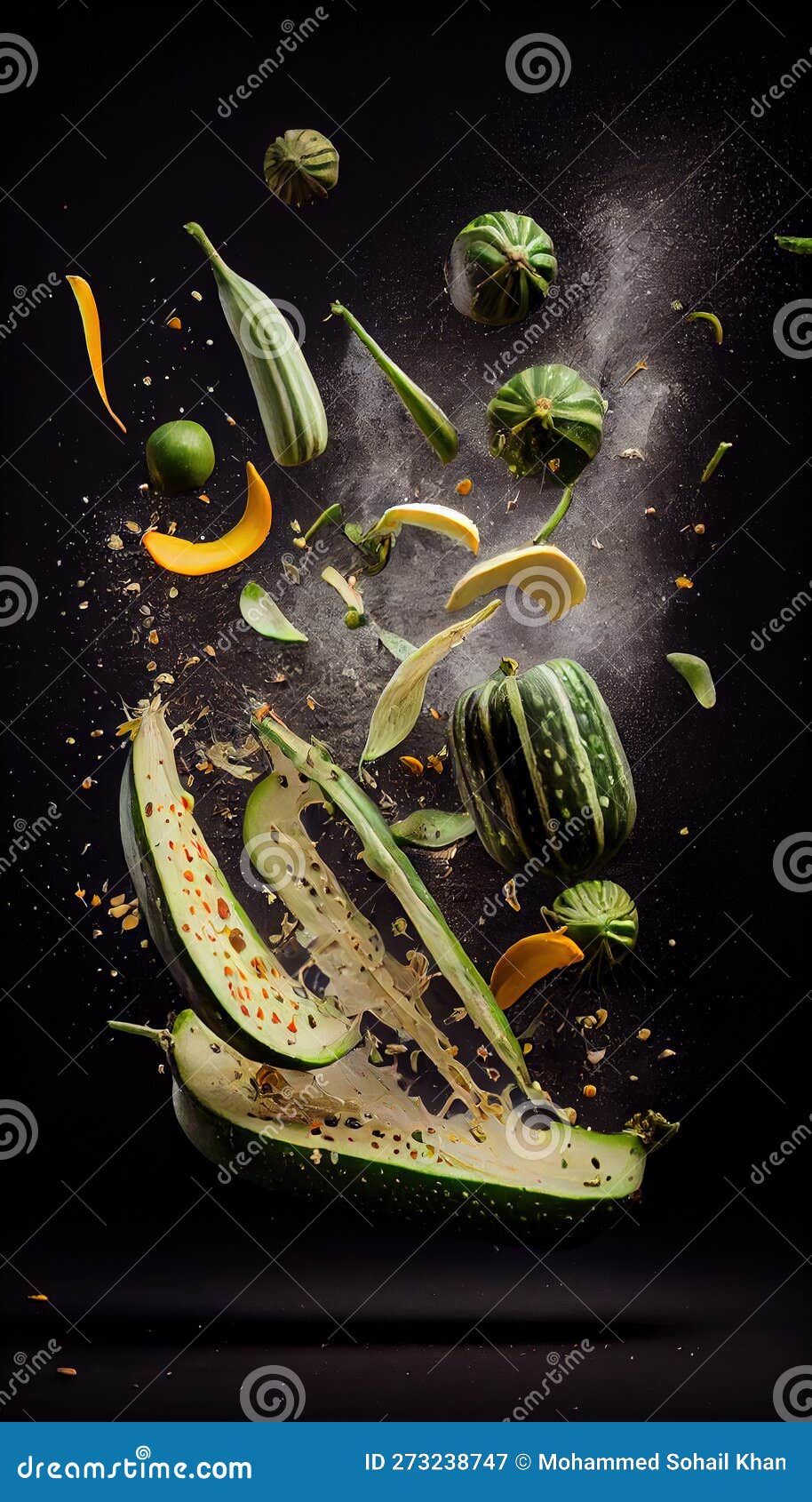 Group of Green Zucchini Vegetable Creatively Falling-Dripping Flying or ...