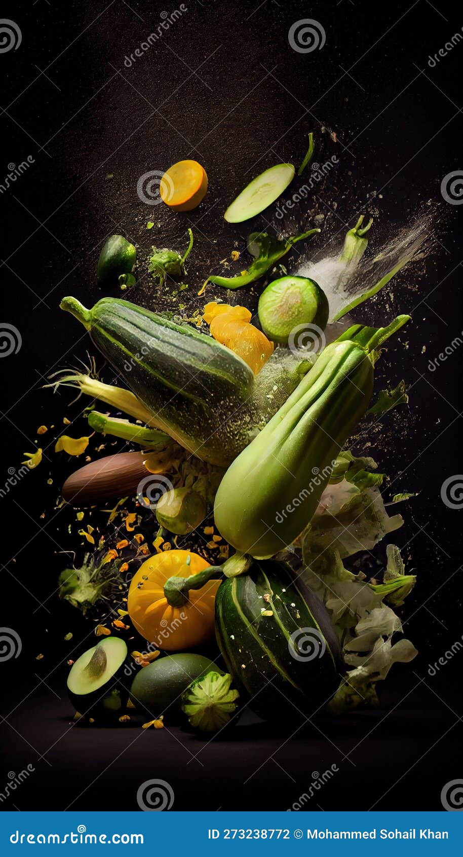 Group of Green Zucchini Vegetable Creatively Falling-Dripping Flying or ...