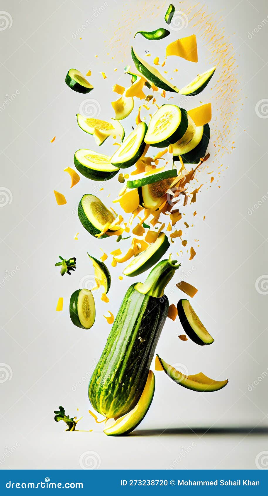 Group of Green Zucchini Vegetable Creatively Falling-Dripping Flying or ...