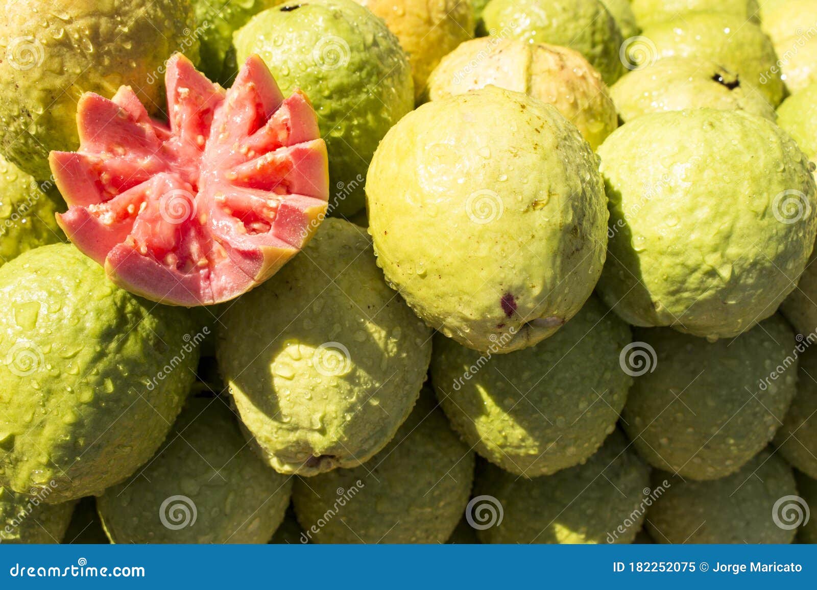 Group of Guavas Stacked Together with an Open One Red and Juicy Stock ...