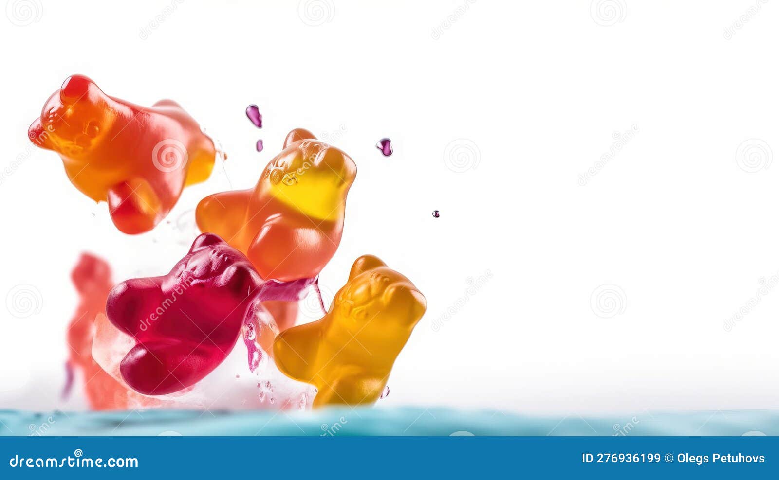 A Group of Gummy Bears Floating in the Water with a Splash of Water on ...