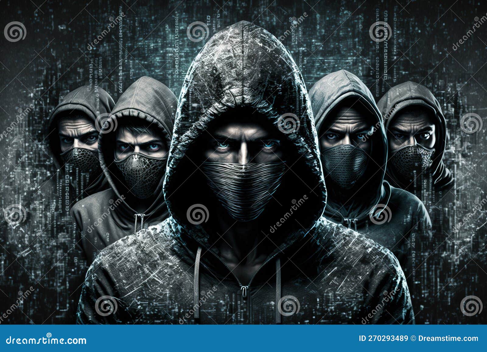 Group of Hackers, Hooded Men with Computer Code Background, All Wearing ...
