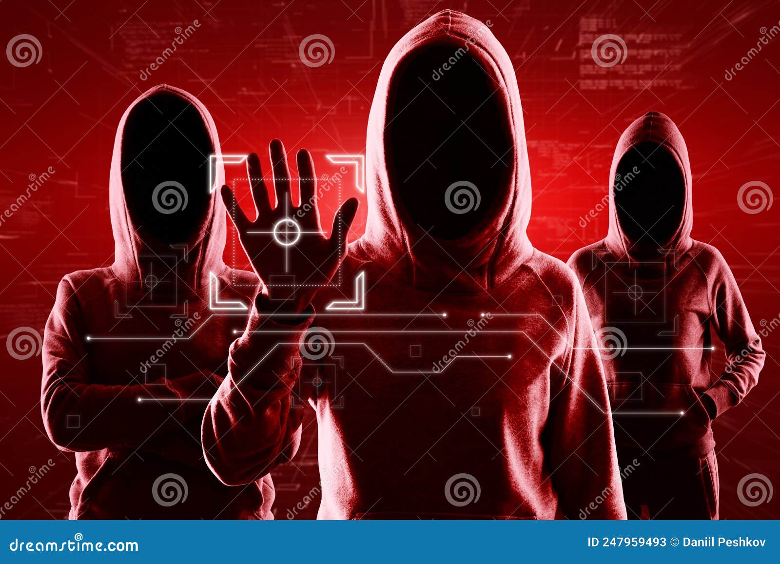 Group of Hackers Standing on Abstract Red Background and Using Digital ...