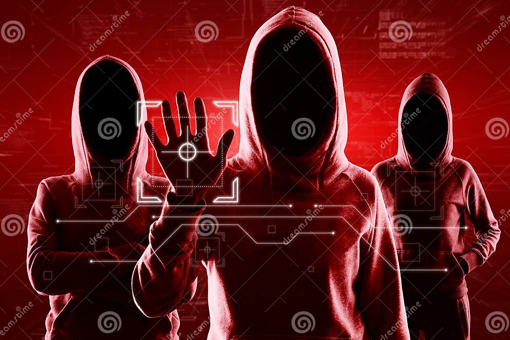 Group of Hackers Standing on Abstract Red Background and Using Digital ...