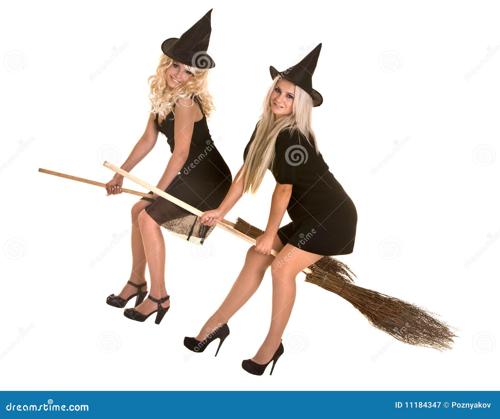 Group Halloween Witch in Black Hat Fly on Broom Stock Image - Image of ...