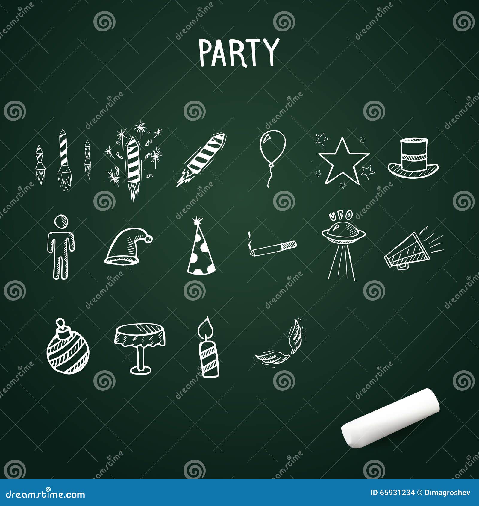 Group of Hand-drawn Party Icons, Doodle Objects with Chalk Stock ...