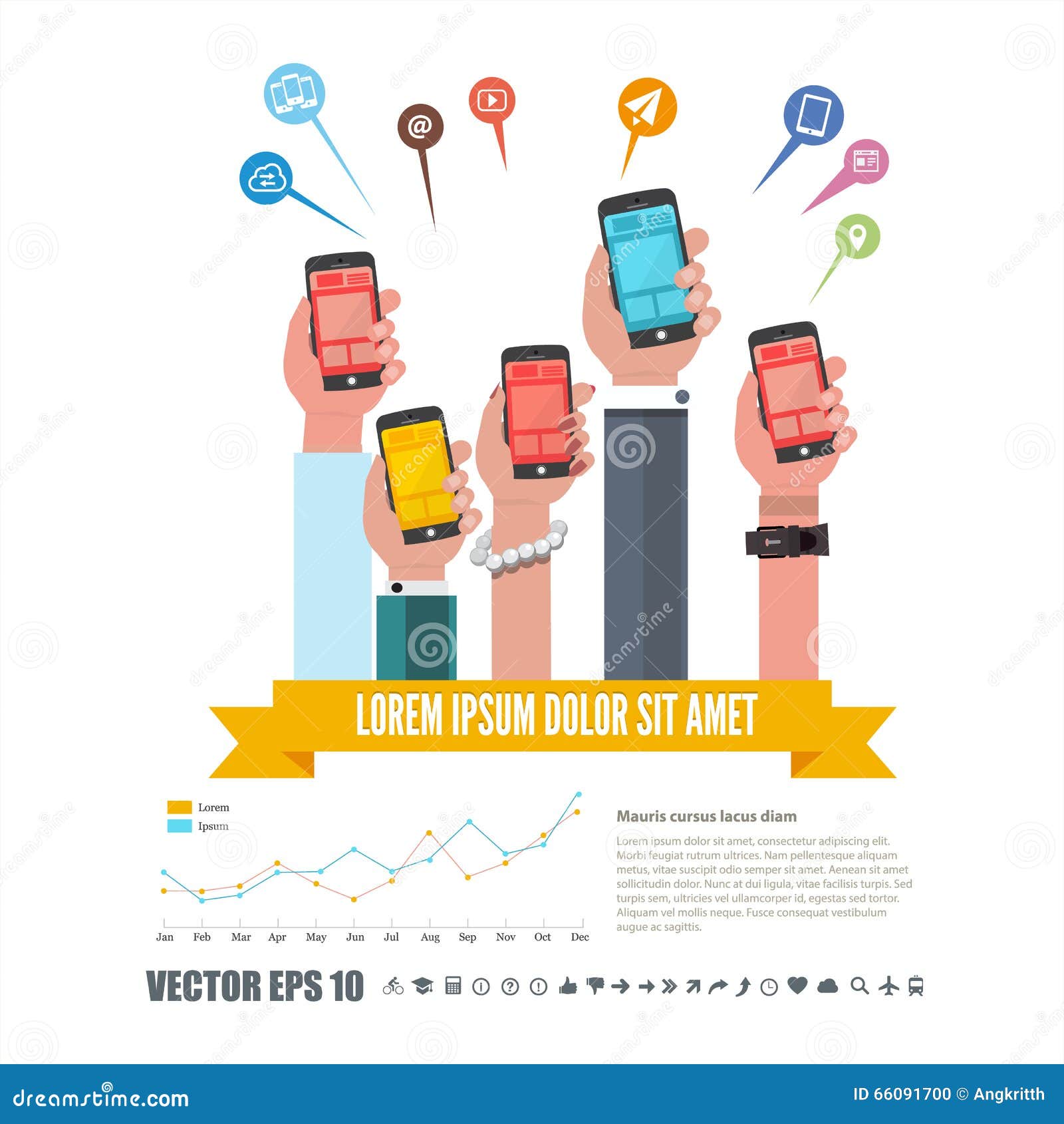 Group of Hands Holding Smartphone or Phone with Infographic and Stock ...