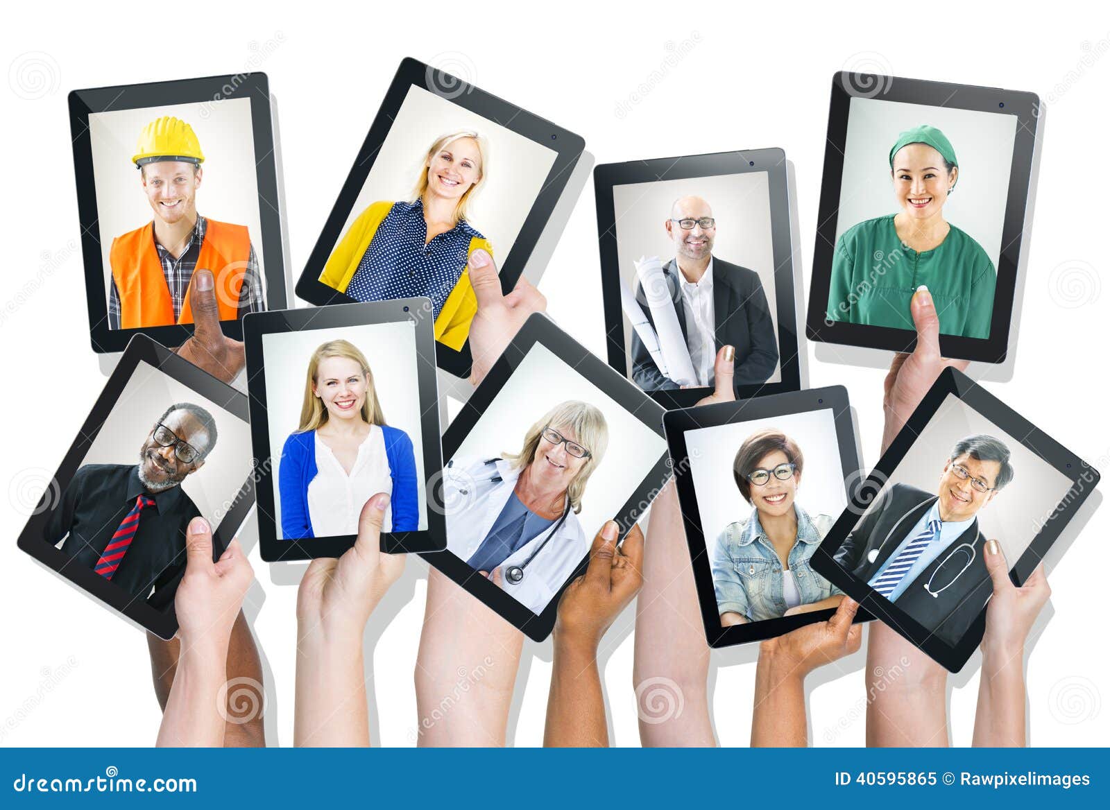 Group of Hands Holding Tablets with People S Faces Stock Image - Image ...