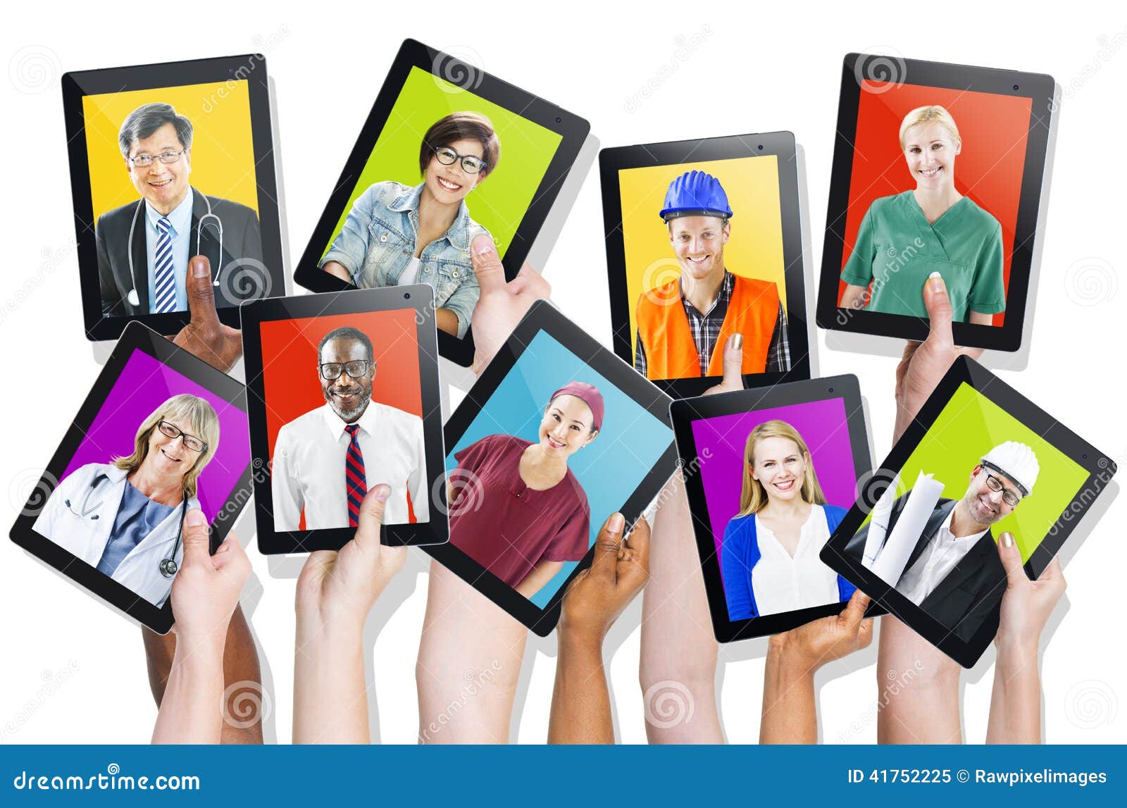 Group of Hands Holding Tablets with People S Faces Stock Image - Image ...