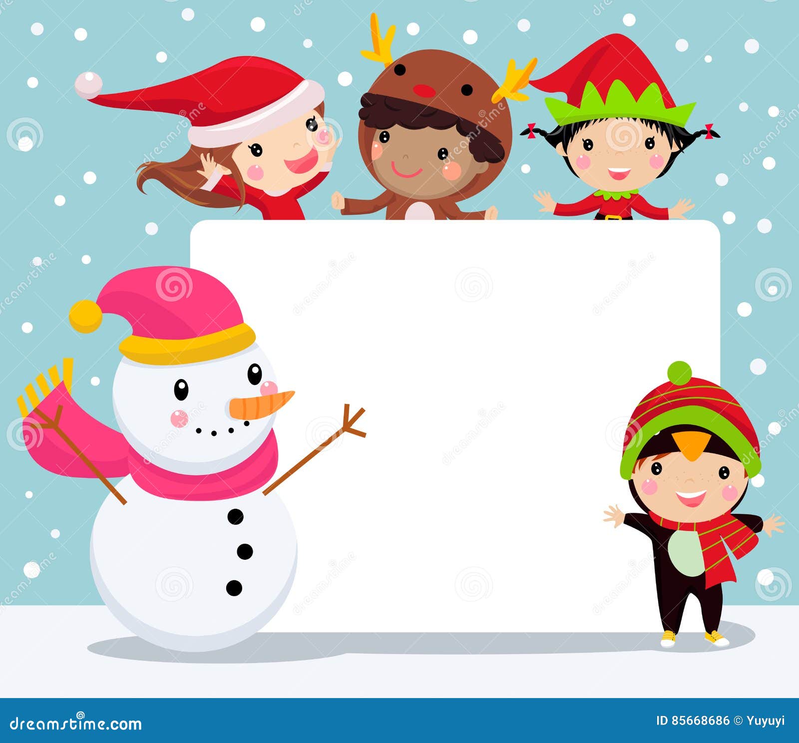 Group of Happy Children and Snowman. Stock Vector - Illustration of ...