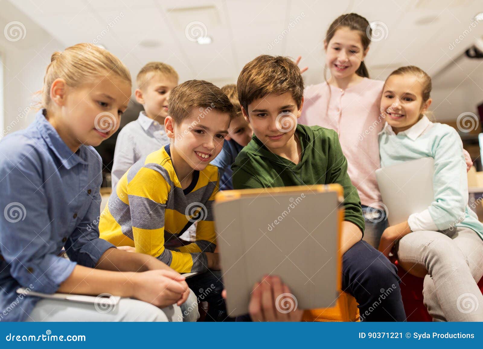 Group of Happy Children with Tablet Pc at School Stock Image - Image of ...