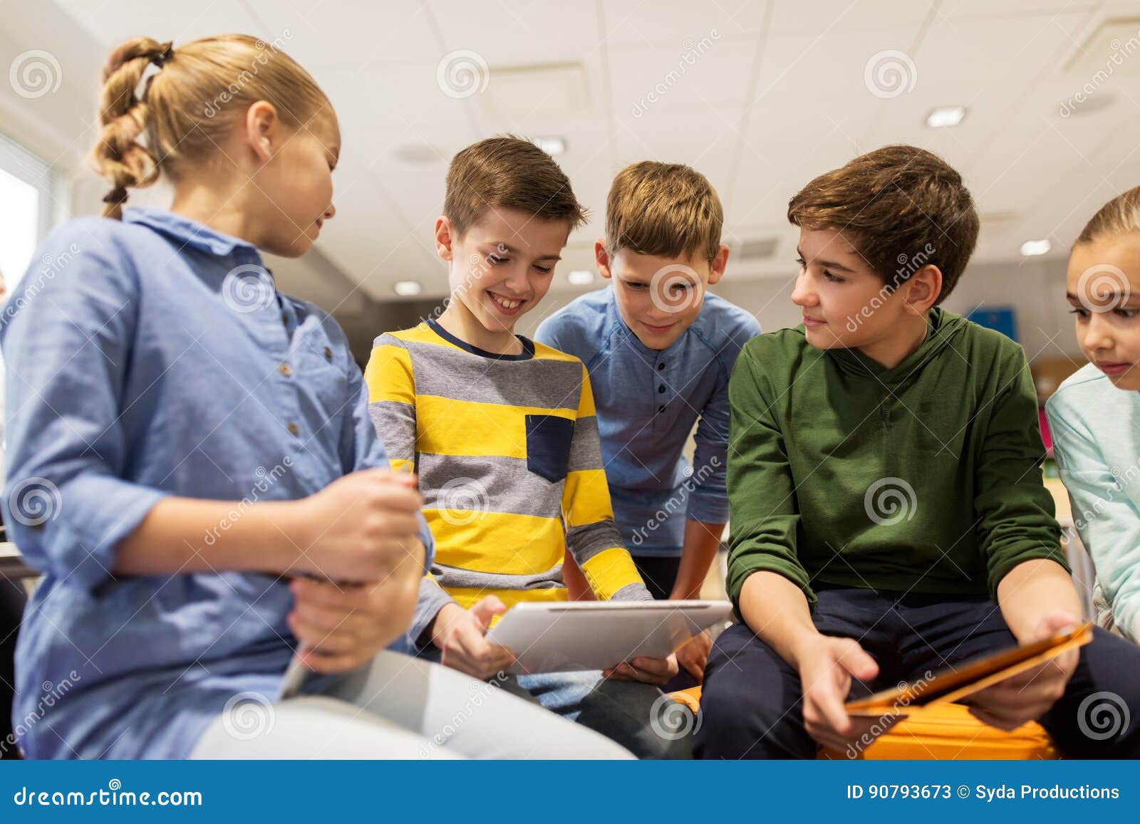Group of Happy Children with Tablet Pc at School Stock Image - Image of ...