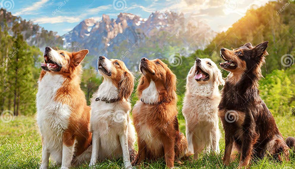 Group of happy dogs stock illustration. Illustration of longhaired ...
