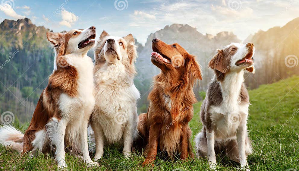 Group of happy dogs stock illustration. Illustration of longhaired ...