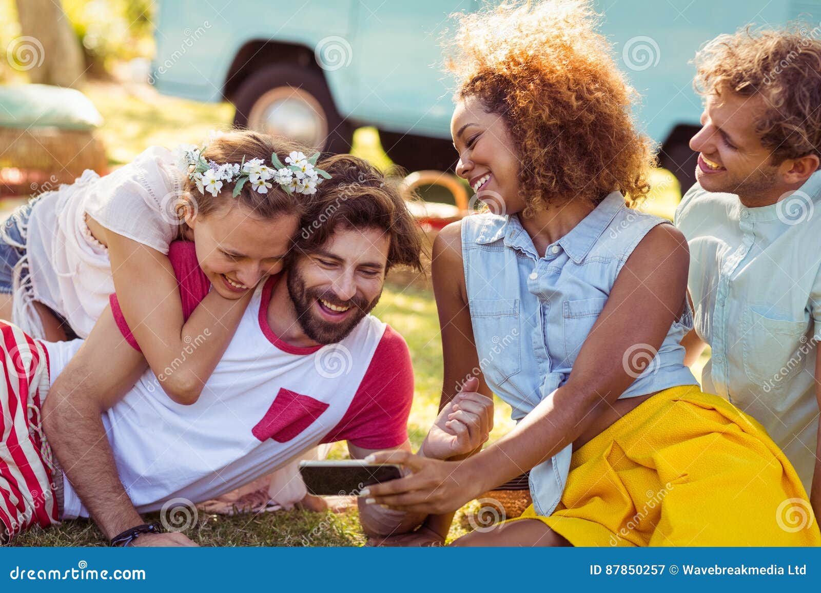 Group of Happy Friend Using Mobile Phone Stock Image - Image of ...