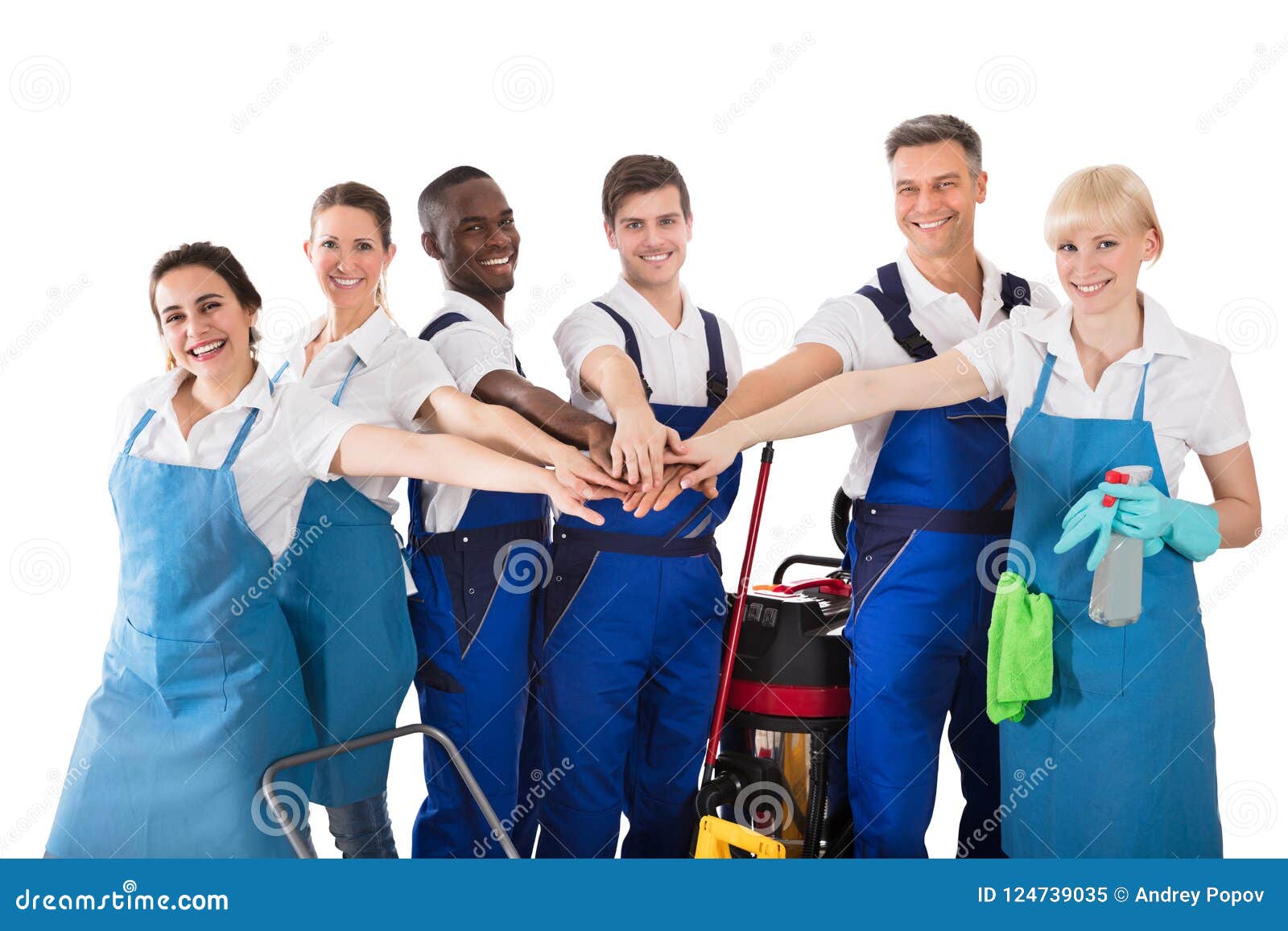 Group of Happy Janitors Stacking Hands Stock Image - Image of male ...