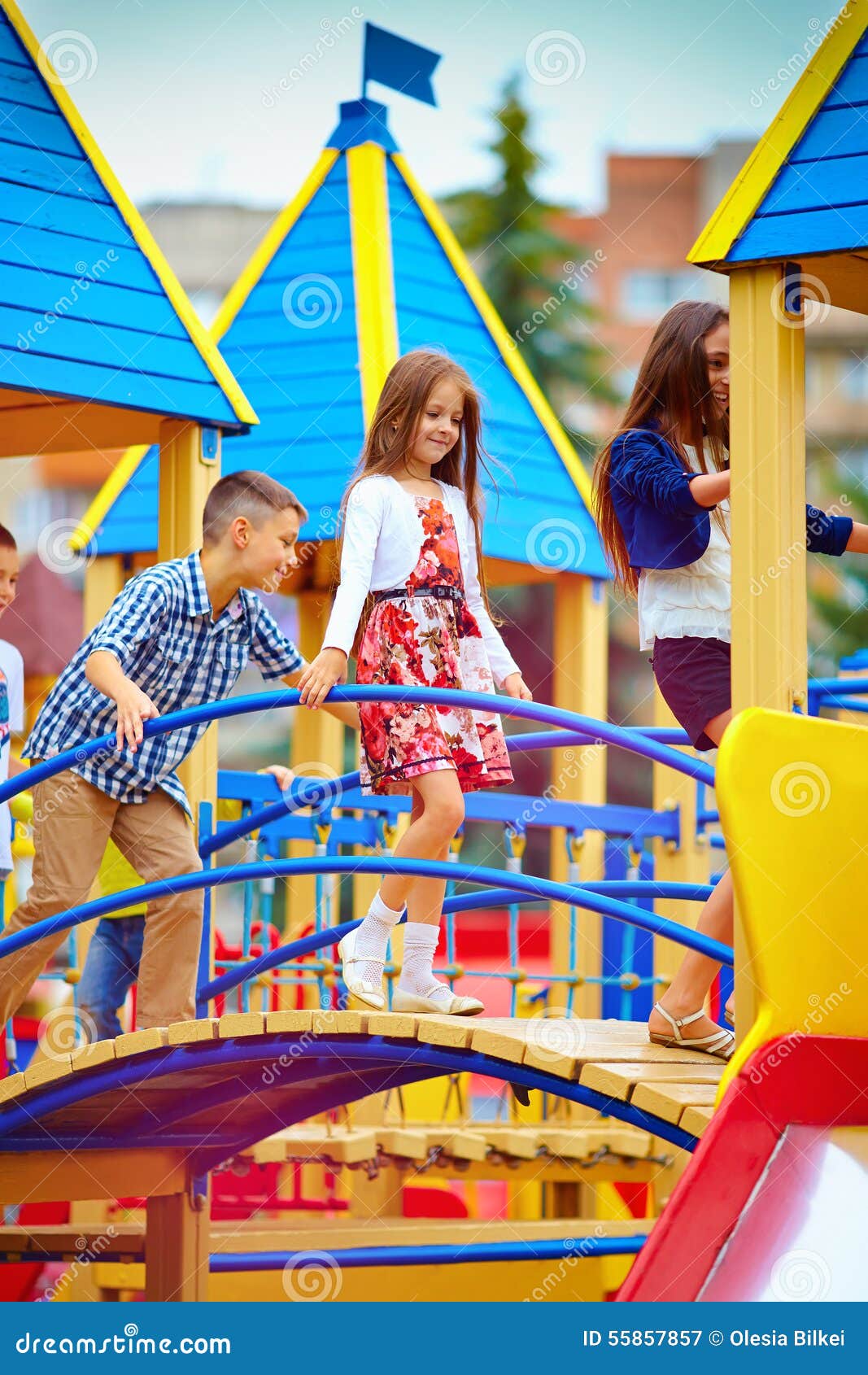 Group of Happy Kids Having Fun on Toy Castle, on Playground Stock Image ...