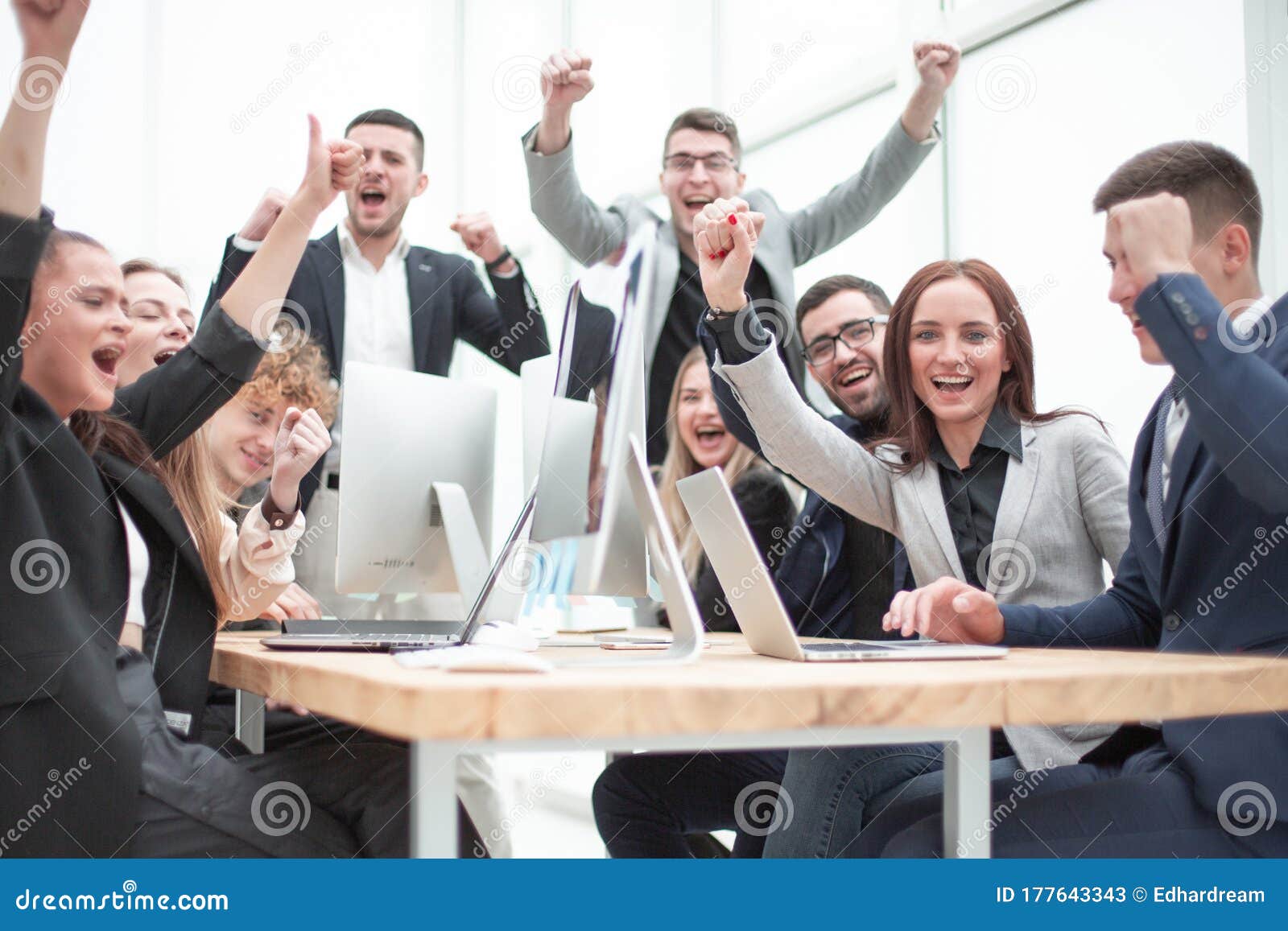 Group of Happy Office Employees Sitting at a Table. Stock Image - Image ...